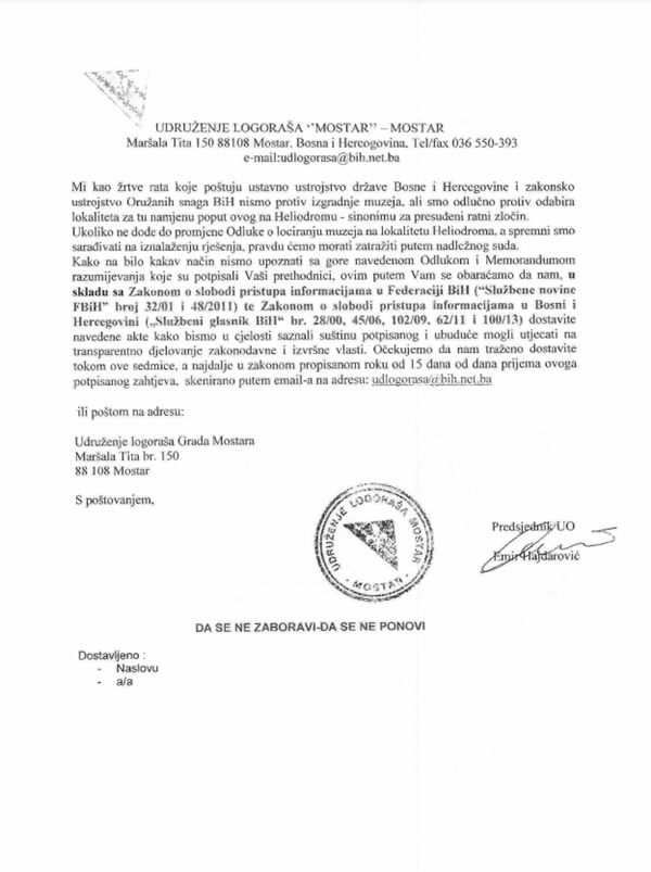 Gdje su dokumenti o gradnji Muzeja HVO na mjestu logora Heliodrom